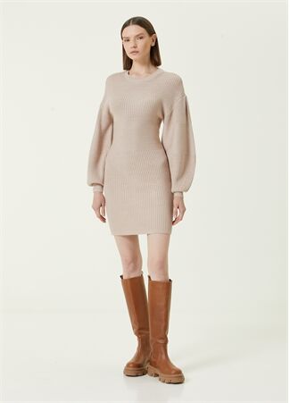 Staud Kadın Bej Balon Kol Mini Triko Elbise S EU