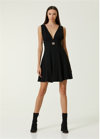 Dolce&Gabbana Kadın Siyah V Yaka Logo Detaylı Mini Elbise 42 IT Dolce&Gabbana Kadın Siyah V Yaka Logo Detaylı Mini Elbise 42 IT