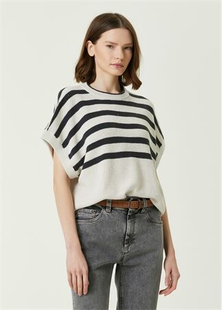 Brunello Cucinelli Kadın Bisiklet Yaka Çizgili İşlemeli Kısa Kol Triko Gri S EU