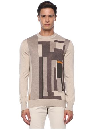 Zegna Erkek Bej Geometrik Desen Jakarlı Yün Kazak 48 IT