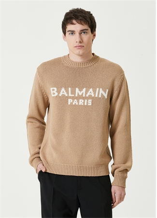 Balmain Erkek Bej Logo Jakarlı Yün Kazak M EU