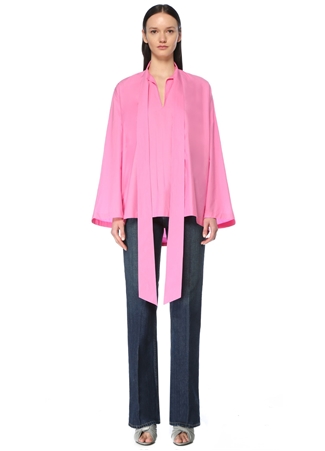 Balenciaga Kadın Pembe V Yaka Fularlı Çan Kol Bluz 36 IT