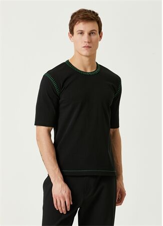 Bottega Veneta Erkek Siyah Yeşil Dekoratif Dikişli T-shirt S EU