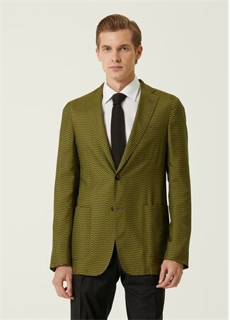Pal Zileri Erkek Yeşil Kelebek Yaka Geometrik Desenli İpek Ceket 50 IT