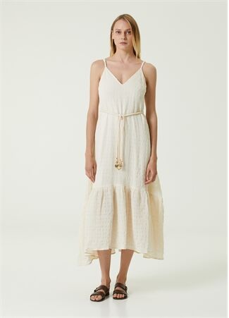 Maje Kadın Ekru V Yaka Dokulu Midi Elbise Bej 36 FR