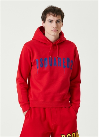 Dsquared2 Erkek Kırmızı Kapüşonlu Logo Detaylı Sweatshirt M EU