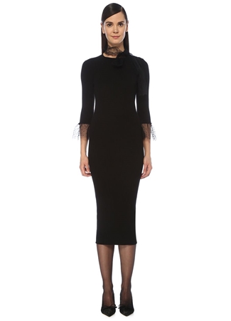 Red Valentino Kadın Siyah Tül Garnili Truvakar Kol Midi Elbise XS EU