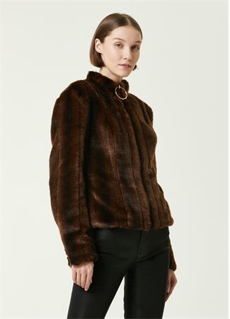 Balmain Kadın Kahverengi Dik Yaka Suni Kürk Ceket 36 FR
