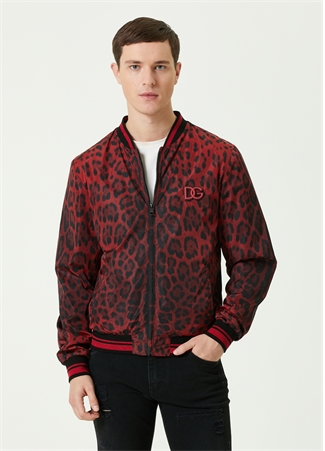 Dolce&Gabbana Erkek Kırmızı Siyah Leopar Desenli Bomber Mont 46 IT Dolce&Gabbana Erkek Kırmızı Siyah Leopar Desenli Bomber Mont 46 IT