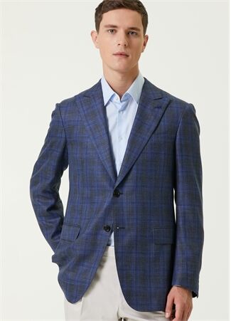 Pal Zileri Erkek Mavi Gri Kareli Yün Ceket 50 IT