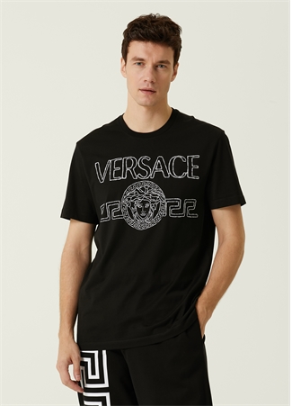 Versace Erkek Siyah Beyaz Logo Nakışlı T-shirt S EU