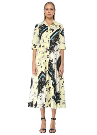 Erdem Kadın Sarı Bej Polo Yaka Çiçek Desenli Midi Elbise 0 US