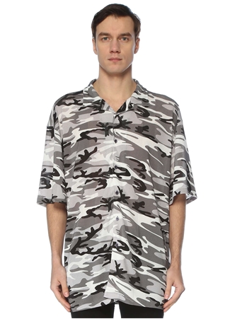Balenciaga Erkek Large Fit Gri Kamuflaj Desenli Kısa Kol Gömlek 39 IT