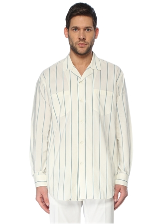 Pal Zileri Erkek Beyaz Mavi Çizgili Kamp Yaka Gömlek 4 IT