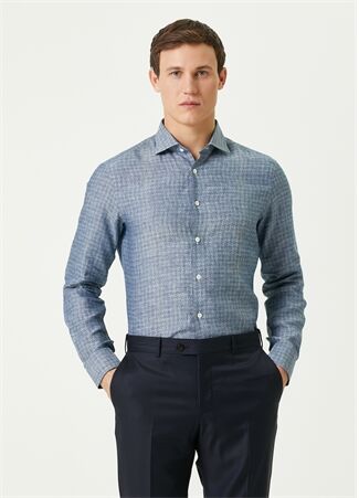 Pal Zileri Erkek Mavi Geometrik Desenli Keten Gömlek 39 IT