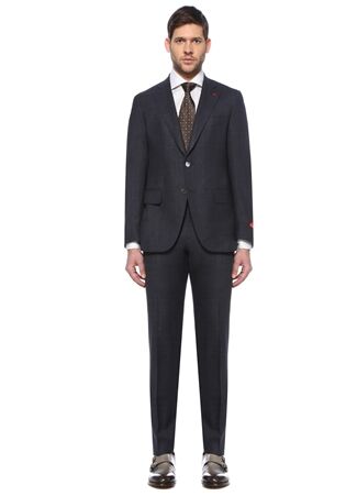 Isaia Erkek Gri Mavi Desenli Yün Takım Elbise 50 IT