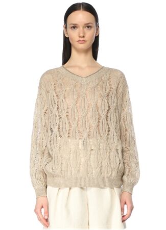 Brunello Cucinelli Kadın Bej V Yaka Saç Örgü Keten Kazak L EU