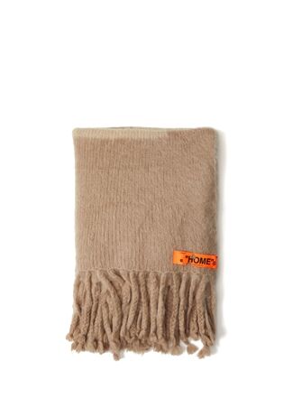 Off-White Bej Püskül Detaylı Yün Battaniye