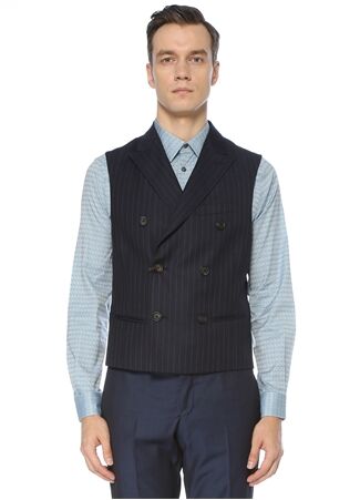 Pal Zileri Erkek Lacivert Çizgili Yün Yelek 48 IT