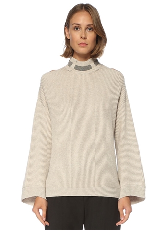 Brunello Cucinelli Kadın Antrasit Püsküllü Yaka Detaylı Kaşmir Triko Gri XS EU