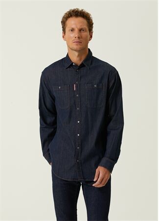 Dsquared2 Erkek Lacivert Logo Baskılı İngiliz Yaka Jean Gömlek 46 IT