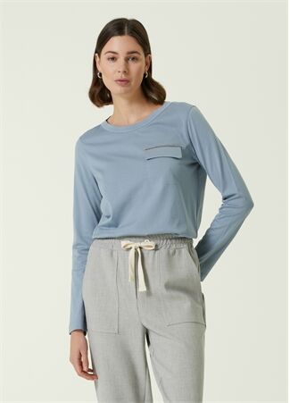 Brunello Cucinelli Kadın Mavi Cep Detaylı Uzun Kol T-shirt XS EU