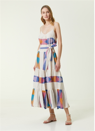 Devotion Kadın Lila V Yaka Çizgili Beli Kuşaklı Midi Elbise Mor EU