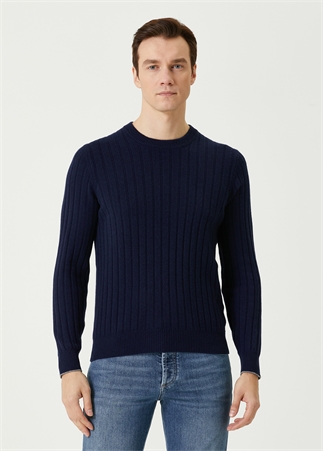 Brunello Cucinelli Erkek Lacivert Çizgi Dokulu Yün Triko 52 IT