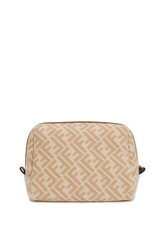 Fendi Kadın Bej Logo Jakarlı Yün Makyaj Çantası EU