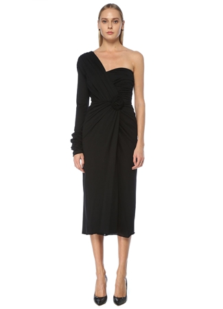 Dolce&Gabbana Kadın Siyah Drapeli Asimetrik Midi Yün Elbise 42 IT