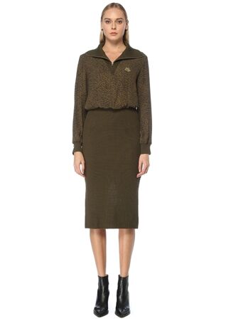 Kenzo Kadın Haki Yakası Fermuarlı Desenli Midi Elbise 36 FR