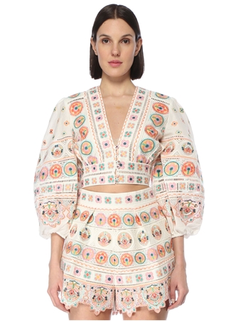Zimmermann Kadın Brighton Ekru V Yaka Desenli Cropped Bluz Beyaz US