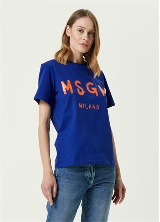 Msgm Kadın Mavi Bisiklet Yaka Logolu T-shirt S EU