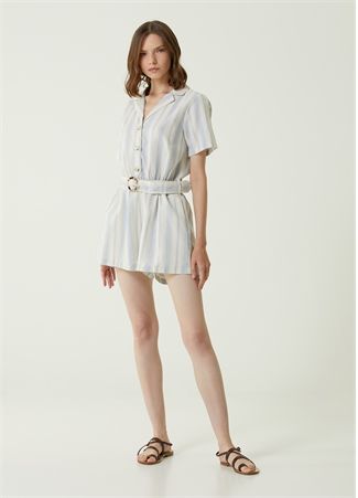 Lost+Wander Kadın Mavi Beyaz Çizgili Kemerli Mini Tulum M EU