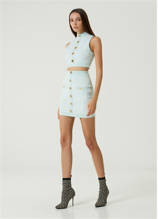 Balmain Kadın Yeşil Logo Desenli Yün Mini Triko Etek 38 FR Balmain Kadın Yeşil Logo Desenli Yün Mini Triko Etek 38 FR
