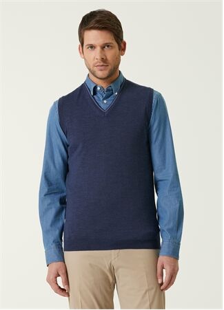 Pal Zileri Erkek Lacivert V Yaka Yün Süveter Mavi 50 IT