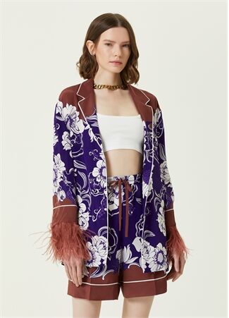 Valentino Kadın Mor Kahve Çiçekli Tüy Detaylı İpek Gömlek 40 It