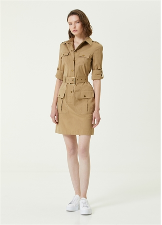 Michael Kors Kadın Bej Beli Kemerli Mini Gömlek Elbise 4 US Michael Kors Kadın Bej Beli Kemerli Mini Gömlek Elbise 4 US