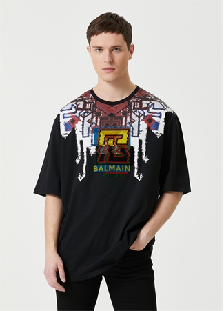 Balmain Erkek Siyah Yakası Etnik Desenli Logolu T-shirt M EU