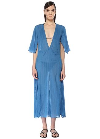 Vix Kadın Mavi V Yaka Midi Kaftan S EU