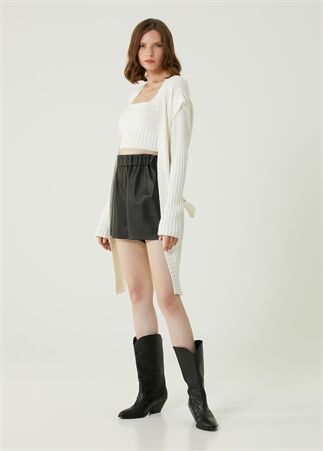 Academia Kadın Ekru Kuşaklı Yırtmaç Detaylı Hırka Bej XS