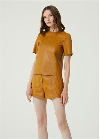 Kadın Taba Kısa Kol Deri Bluz Turuncu 38 IT