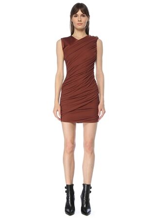 Balmain Kadın Kahverengi V Yaka Drapeli Mini Elbise 42 FR