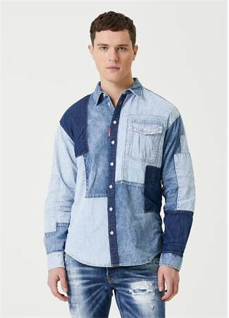 Dsquared2 Erkek Lacivert Patchwork Desenli Denim Gömlek 50 IT Dsquared2 Erkek Lacivert Patchwork Desenli Denim Gömlek 50 IT