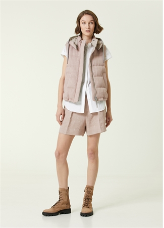 Brunello Cucinelli Kadın Altın Rengi Yüksek Bel Pilili Keten Şort Pembe 36 IT