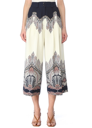 Etro Kadın Lacivert Beyaz Şal Desenli Bol Paça Pantolon Mavi 42 IT