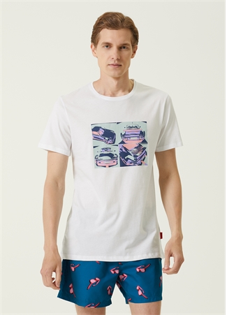 John Frank Erkek Cool Beyaz Araba Baskılı T-shirt S EU John Frank Erkek Cool Beyaz Araba Baskılı T-shirt S EU