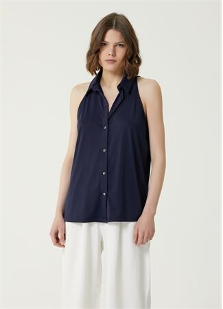 Network Kadın Lacivert Gömlek Yaka Kolsuz T-shirt M EU