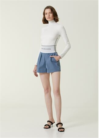 Alexander Wang Kadın Mavi Geniş Logo Bantlı Pilili Şort 2 US