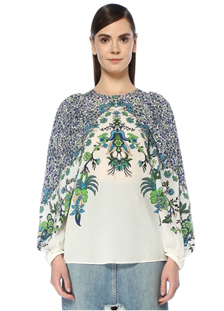 Givenchy Kadın Mavi Yeşil Çiçekli Balon Kol İpek Bluz 36 IT